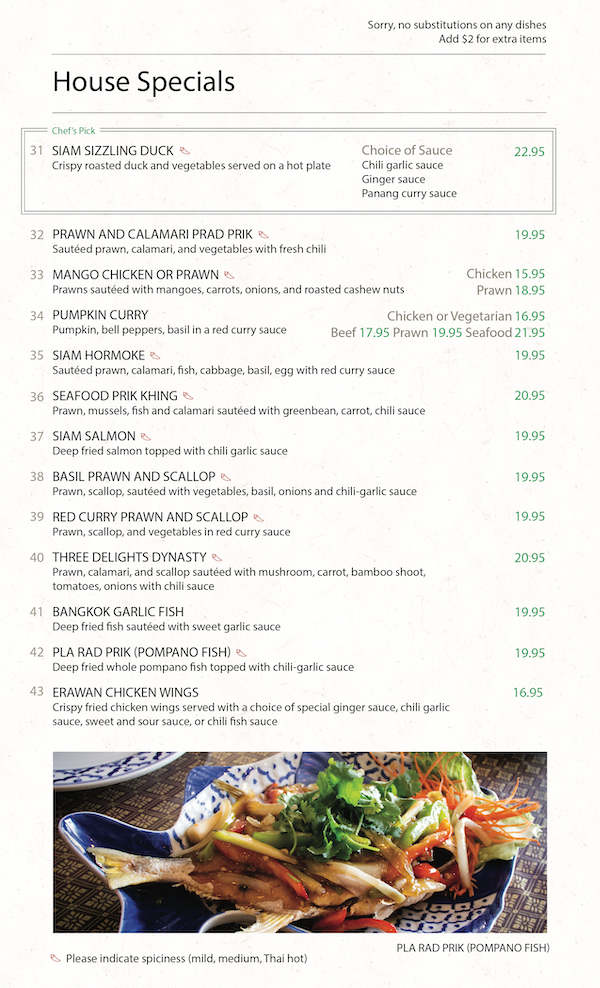 Menu, Erawan Thai Cuisine
