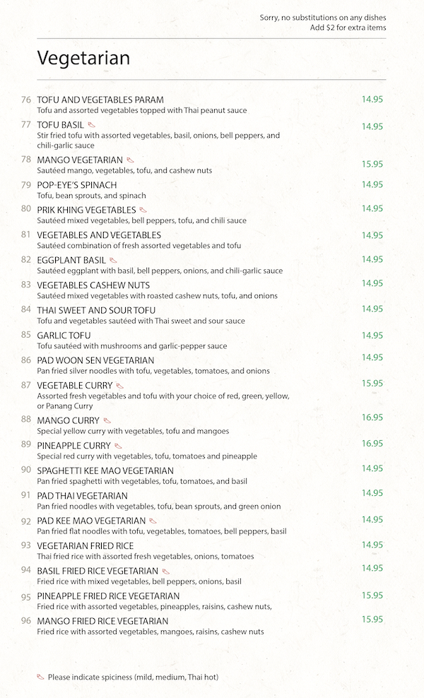 Menu, Erawan Thai Cuisine